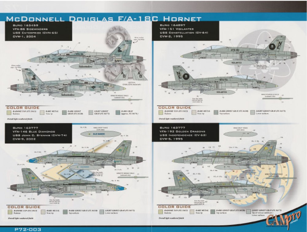 Decals for 1/72 F/A-18C Hornet VFA-86 146, 151 & 192 Sidewinders 2004