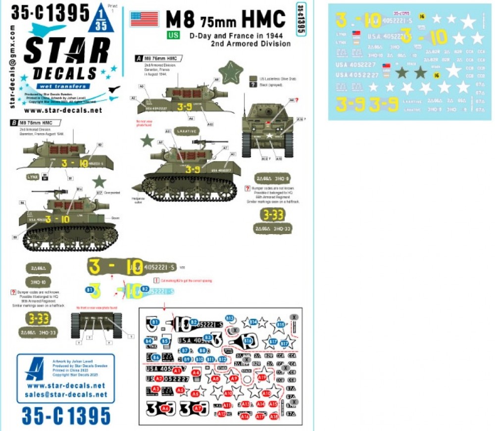 Decals for 1/35 US M8 75mm HMC. D-Day and France in 1944 - STAR-35-C1395