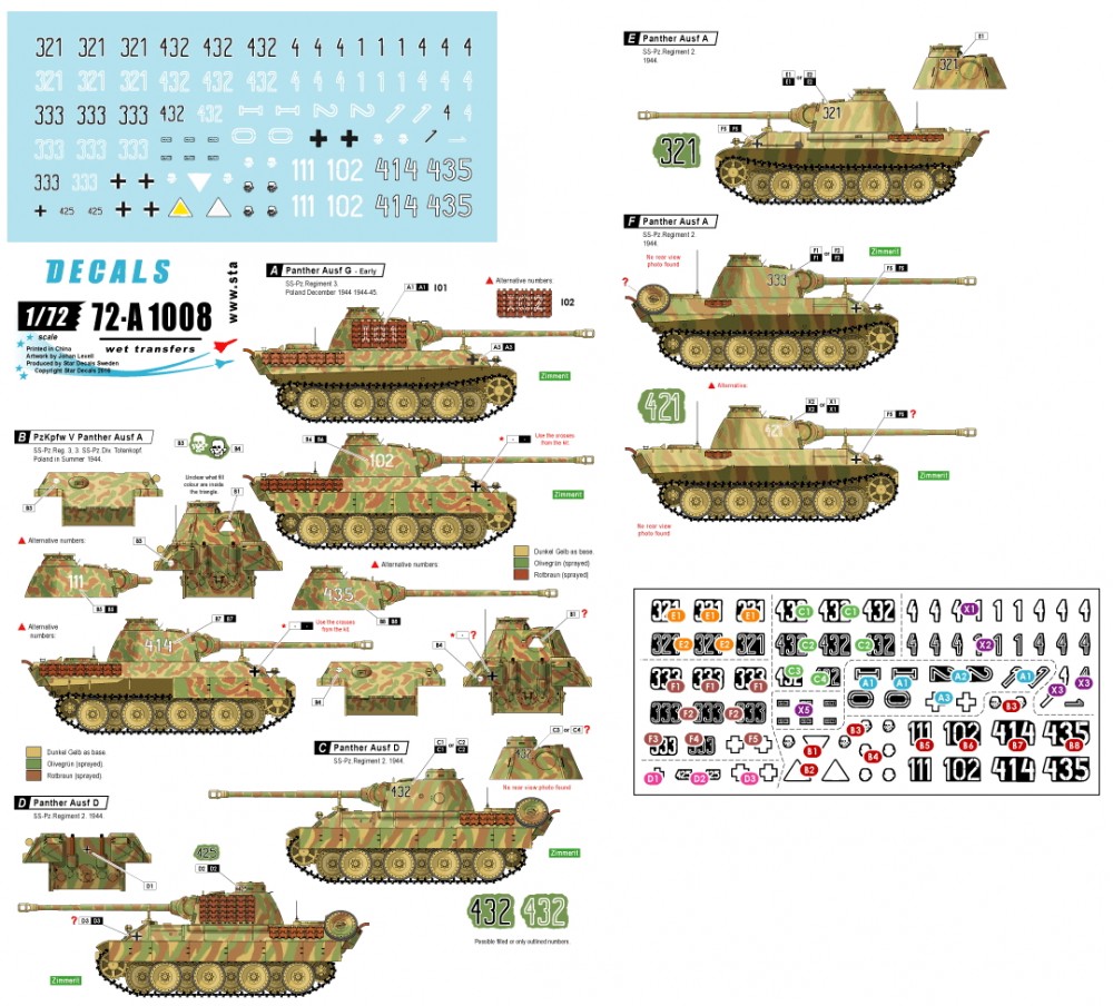 Decals for 1/72 SS-Panthers (2) 2. SS-Das Reich & 3. SS-Totenkopf Ausf ...