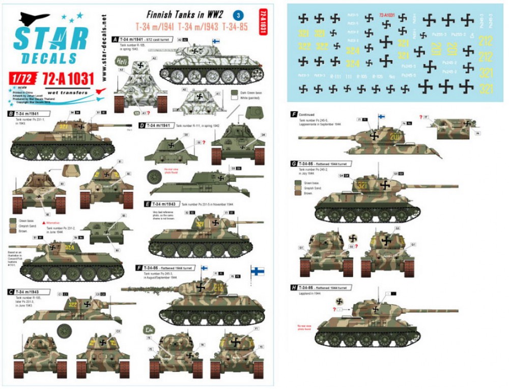 Decals for 1/72 WWII Finnish Tanks #3. T-34 m/1941, T-34 m/1943 and T34/85